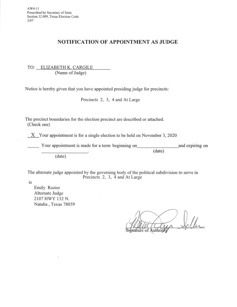 Notice of Appointment as Judge – Bexar Medina Atascosa Water Control ...